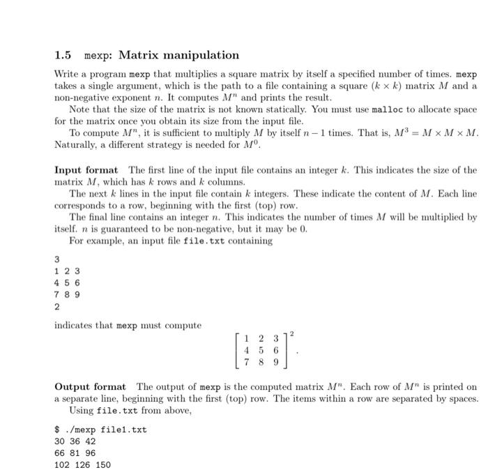 Solved 1 5 Mexp Matrix Manipulation Write A Program Mexp