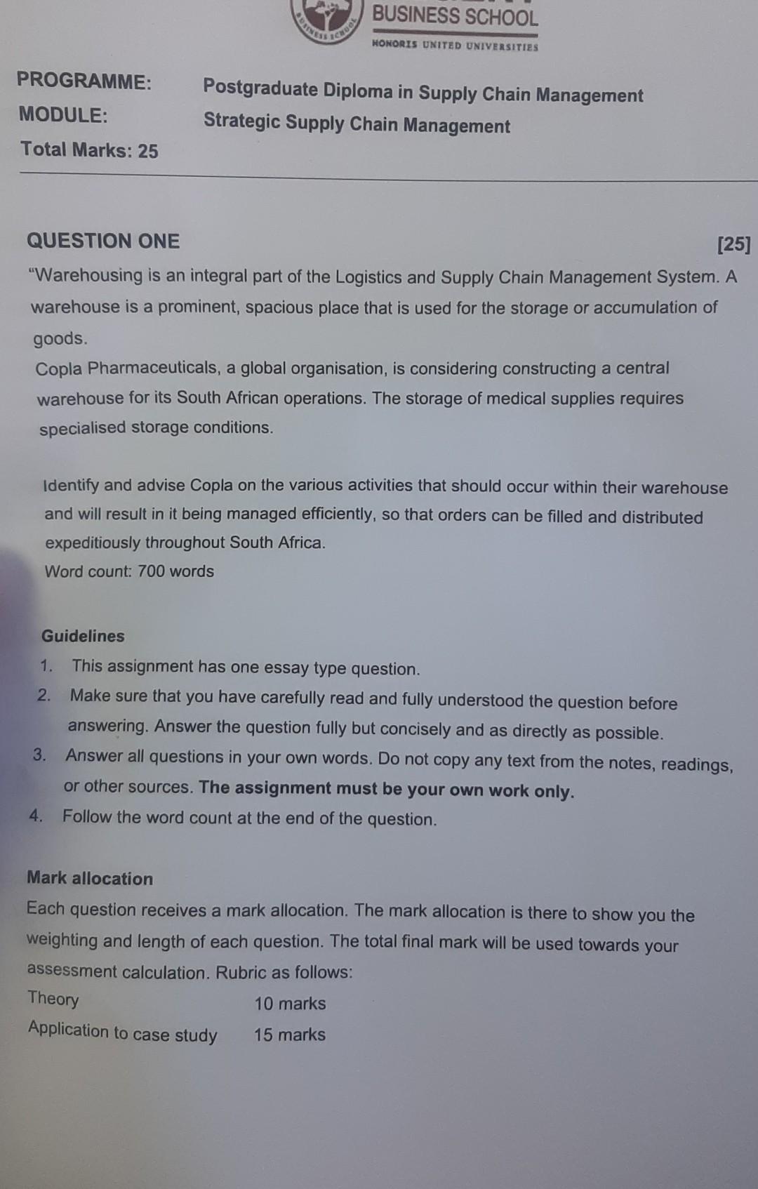 Solved PROGRAMME: Postgraduate Diploma in Supply Chain | Chegg.com