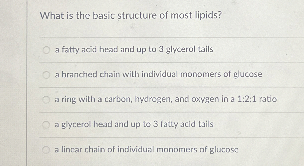 Solved What is the basic structure of most lipids?a fatty | Chegg.com