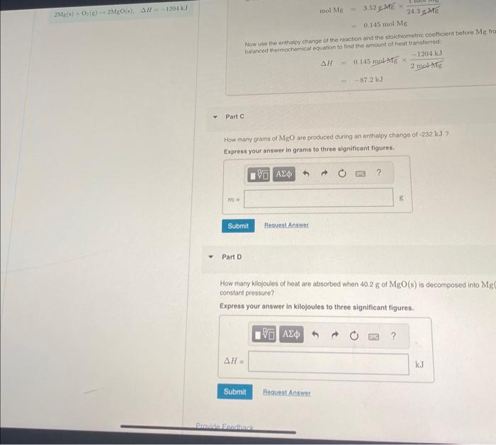 Solved 2Mg(s)+O2( g)+2MgO(s),ΔH−120HH Now use the enthalpy | Chegg.com