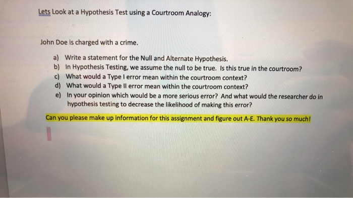 Solved Lets Look at a Hypothesis Test using a Courtroom | Chegg.com