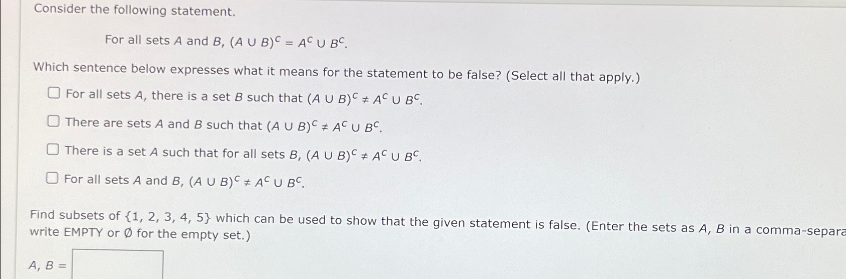Consider the following statement.For all sets A and | Chegg.com