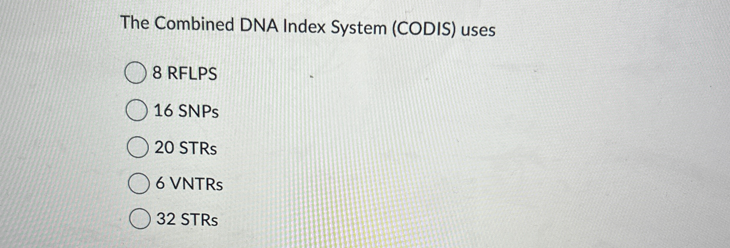 Solved The Combined DNA Index System (CODIS) ﻿uses8 ﻿RFLPS16 | Chegg.com