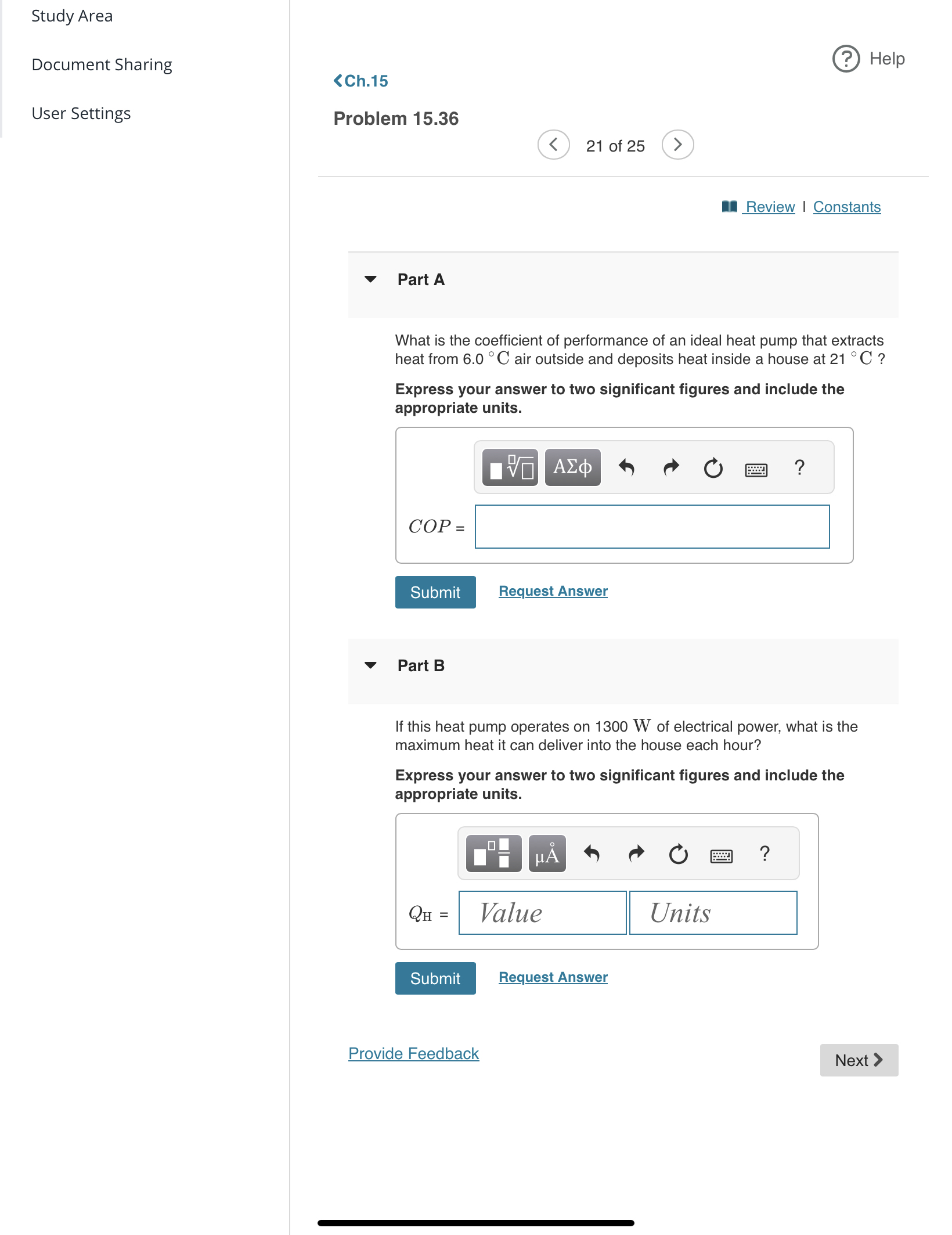 Solved Study AreaDocument Sharing21°CCOP=1300WQH=6.0°C ﻿air | Chegg.com