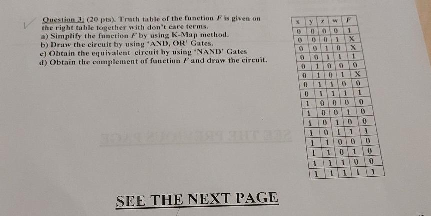 Solved Question 3: (20 ﻿pts). ﻿Truth table of the function F | Chegg.com