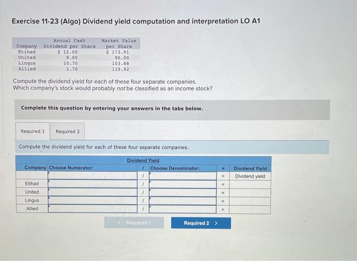 Solved Exercise 11-23 (Algo) Dividend yield computation and | Chegg.com