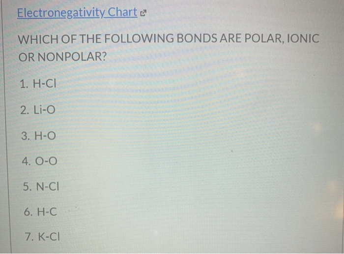 Solved LIST THE FOLLOWING MOLECULES AS EITHER POLAR, IONIC | Chegg.com