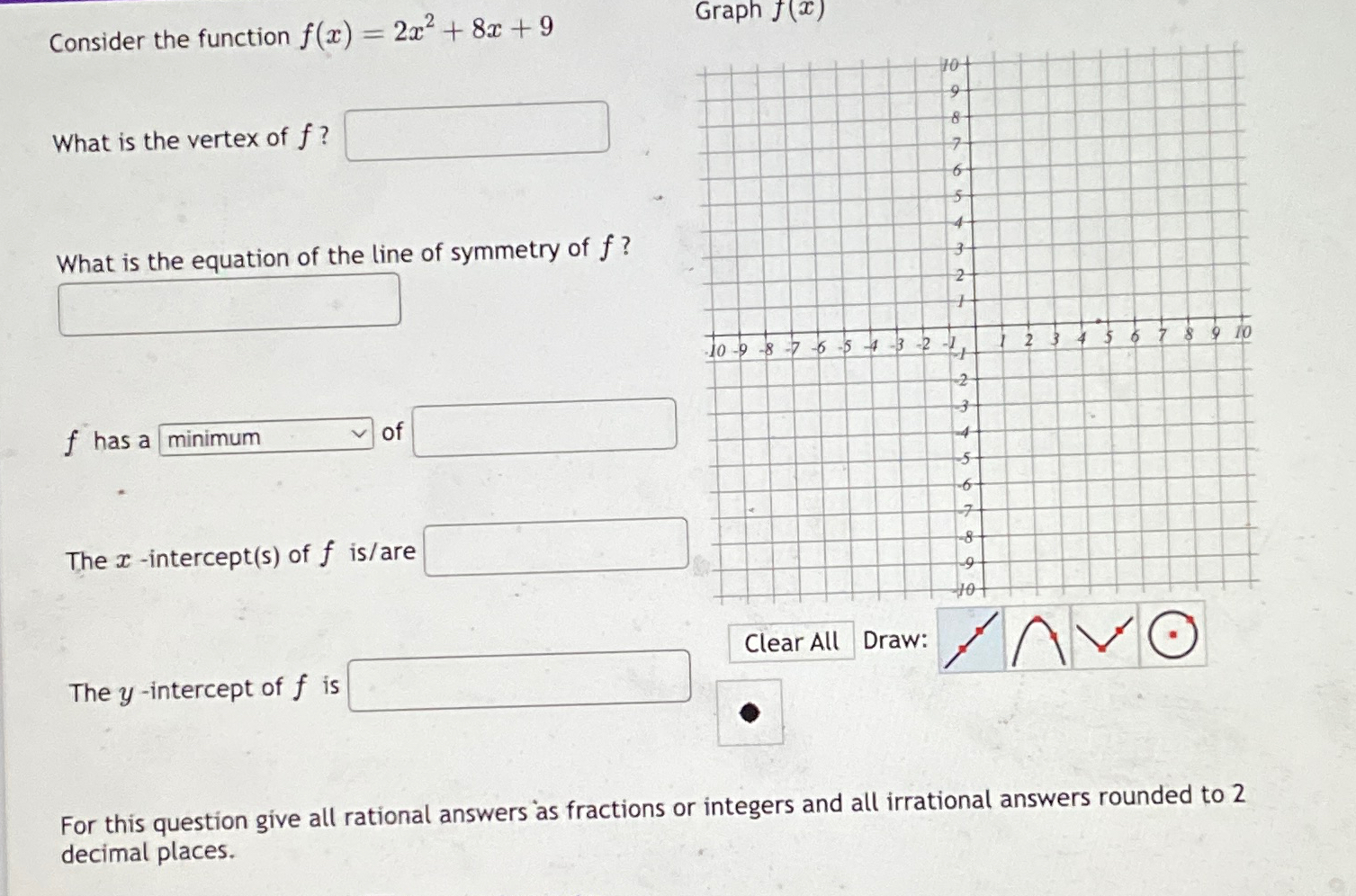 Solved Consider The Function F X 2x2 8x 9graph F X What Is