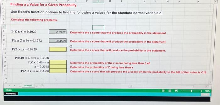 Solved Use Excel's function options to find the following z | Chegg.com