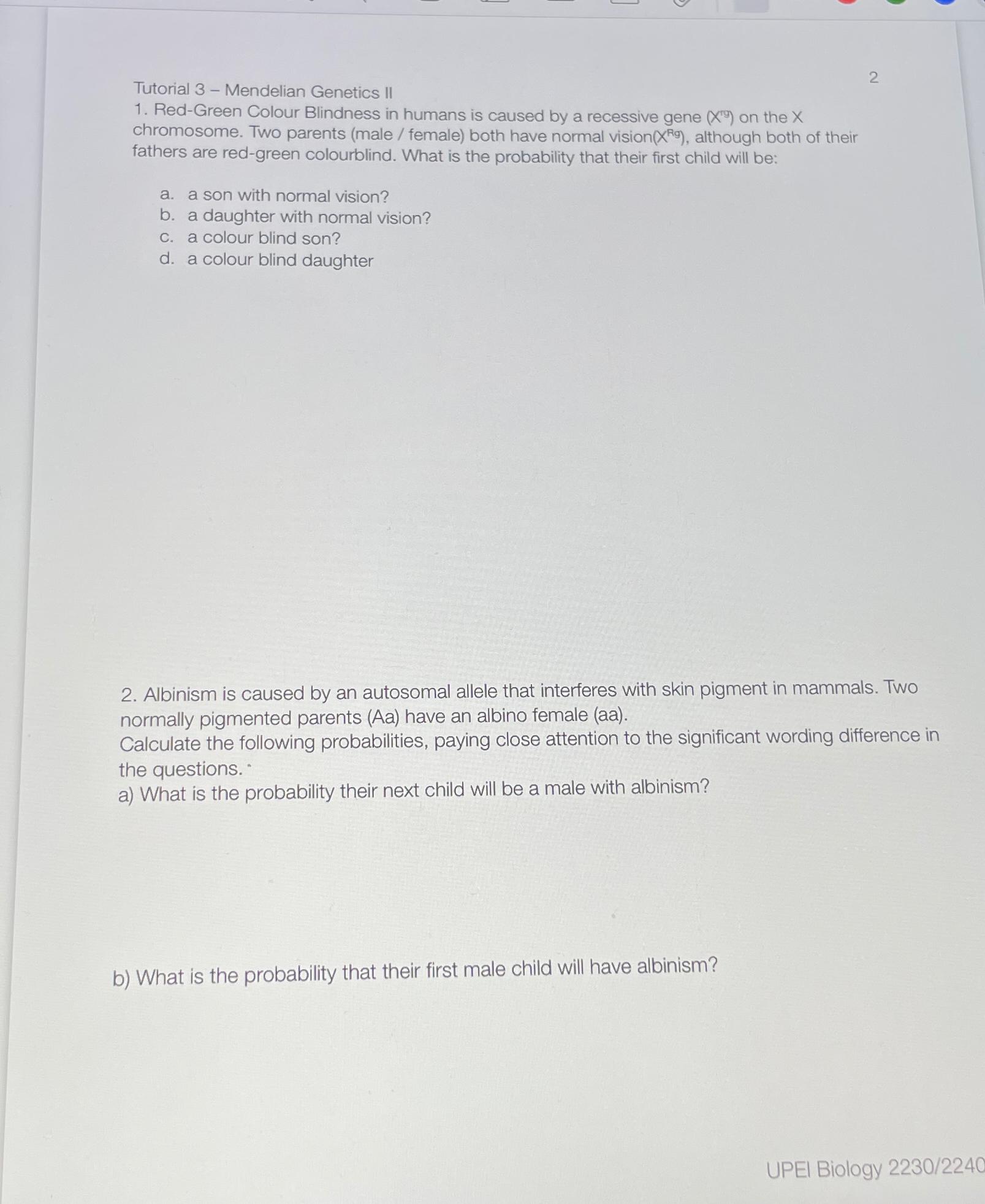 Solved Tutorial 3 - ﻿Mendelian Genetics II2Red-Green Colour | Chegg.com