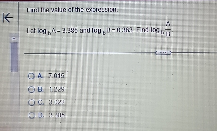 Solved Find the value of the expression.Let logbA=3.385 ﻿and | Chegg.com