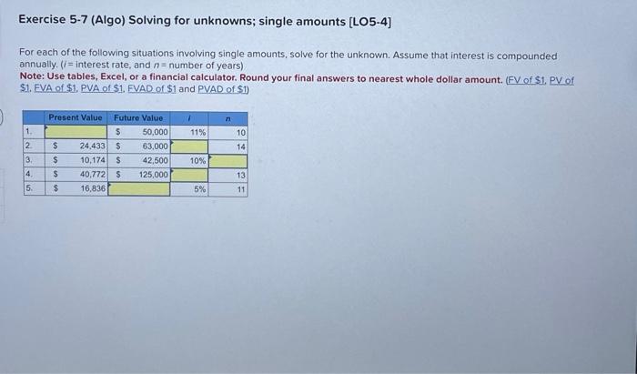 Solved Exercise 5-7 (Algo) Solving for unknowns; single | Chegg.com