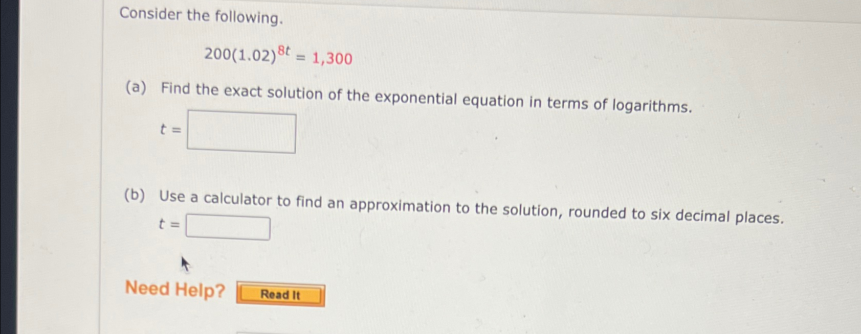 Solved Consider the following.200(1.02)8t=1,300(a) ﻿Find the | Chegg.com