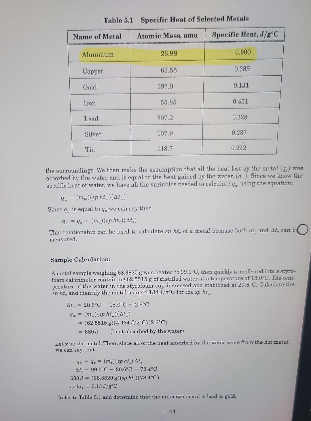Solved Calorimetry and Specific Heat MATERIALS AND EQUTPMENT | Chegg.com