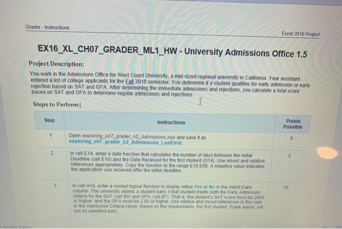 Grader - Instructions Excel 2016 Project | Chegg.com