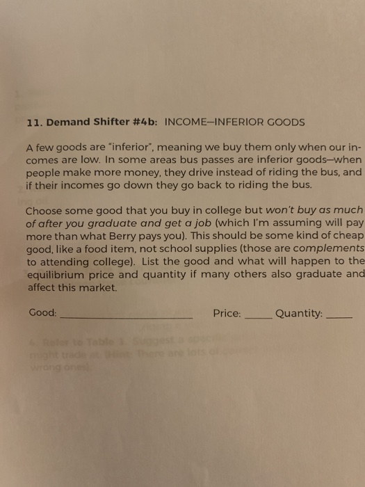 Solved 11. Demand Shifter #4b: INCOME-INFERIOR GOODS A few | Chegg.com