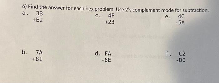 Solved 6) Find the answer for each hex problem. Use 2's | Chegg.com
