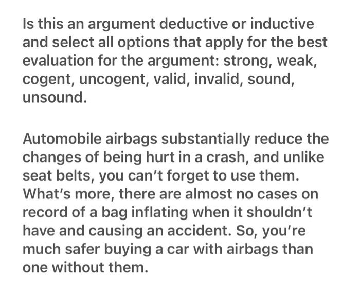 Solved Is This An Argument Deductive Or Inductive And Select