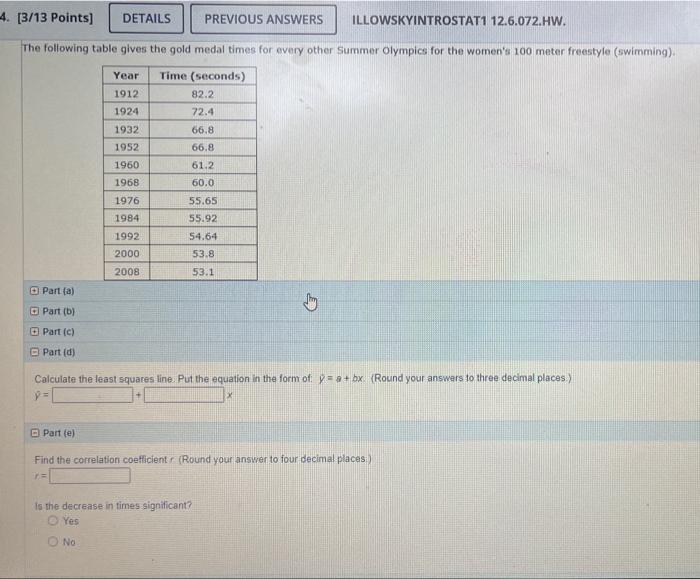 Part (a) Part (b) Part (c) Part (d) Calculate the | Chegg.com