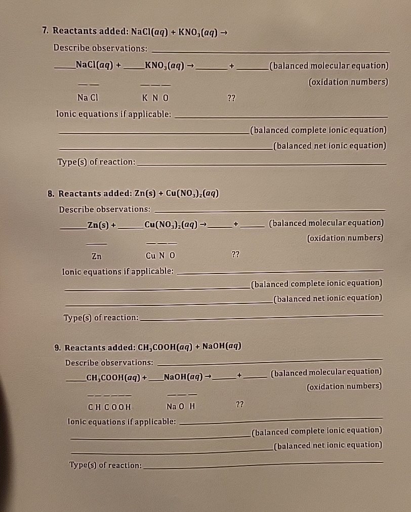 Solved Reactants added: NaCl(aq)+KNO3(aq)→Describe | Chegg.com
