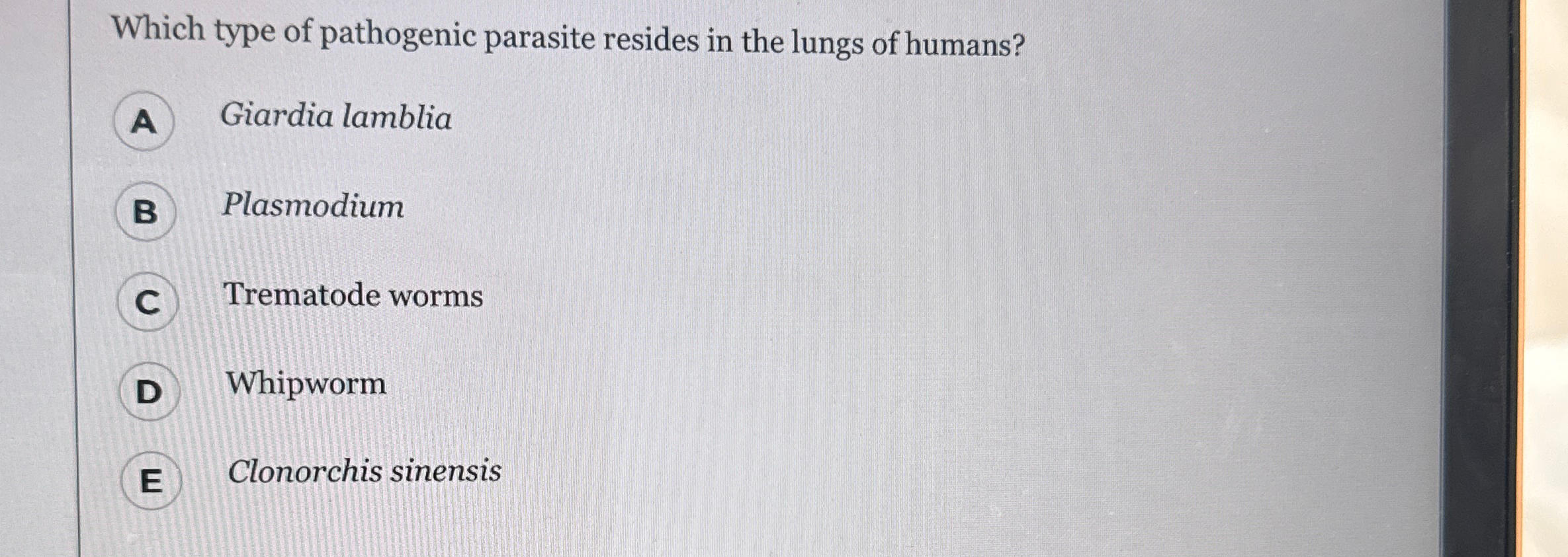 Solved Which type of pathogenic parasite resides in the | Chegg.com