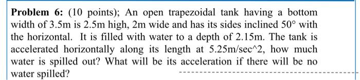 Solved Problem 6: (10 points); An open trapezoidal tank | Chegg.com