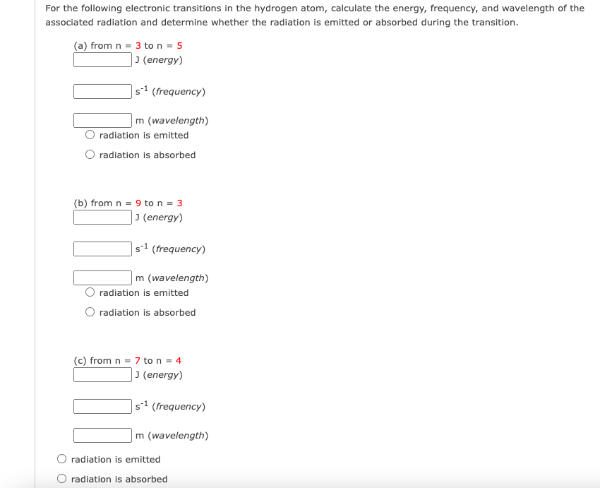 Solved For the following electronic transitions in the | Chegg.com