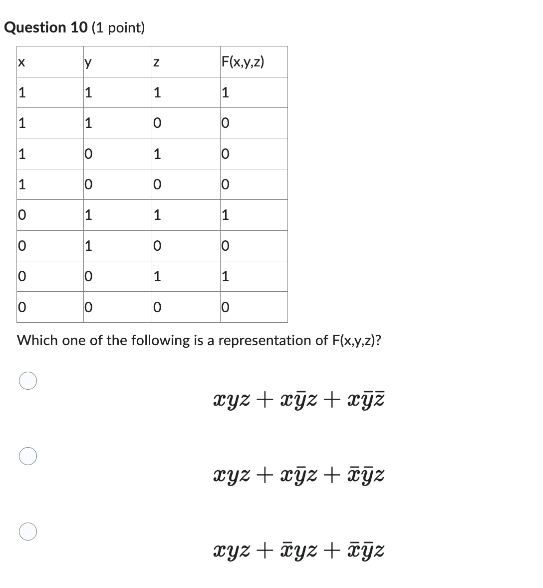 Solved Question 10 (1 ﻿point)\table[[x,y,z,F(x,y,z) | Chegg.com
