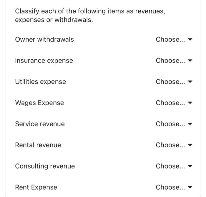 Solved Classify each of the following items as revenues, | Chegg.com