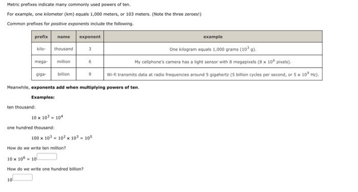 Solved Metric prefixes indicate many commonly used powers of | Chegg.com