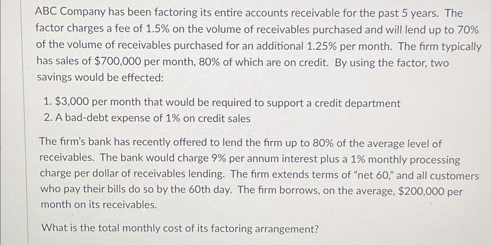 Solved ABC Company has been factoring its entire accounts | Chegg.com