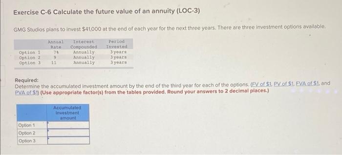 Solved Exercise C-6 Calculate the future value of an annuity | Chegg.com