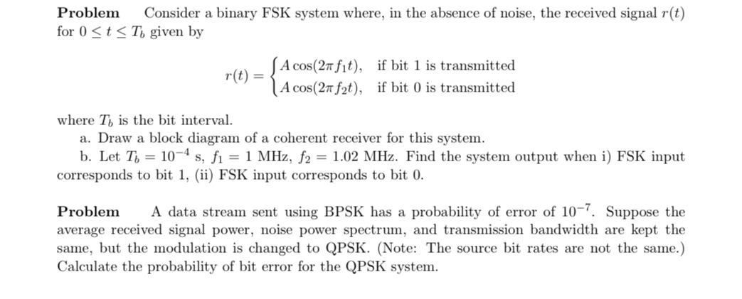 Solved Problem Consider a binary FSK system where, in the | Chegg.com Solved Problem Consider a binary FSK system where, in the | Chegg.com