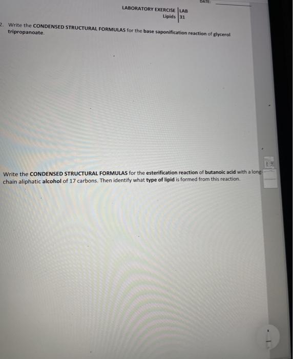 Solved DATE LABORATORY EXERCISE LAB Lipids 31 2. Write the | Chegg.com