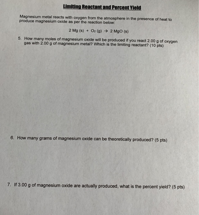 Solved Limiting Reactant and Percent Yield Magnesium metal | Chegg.com