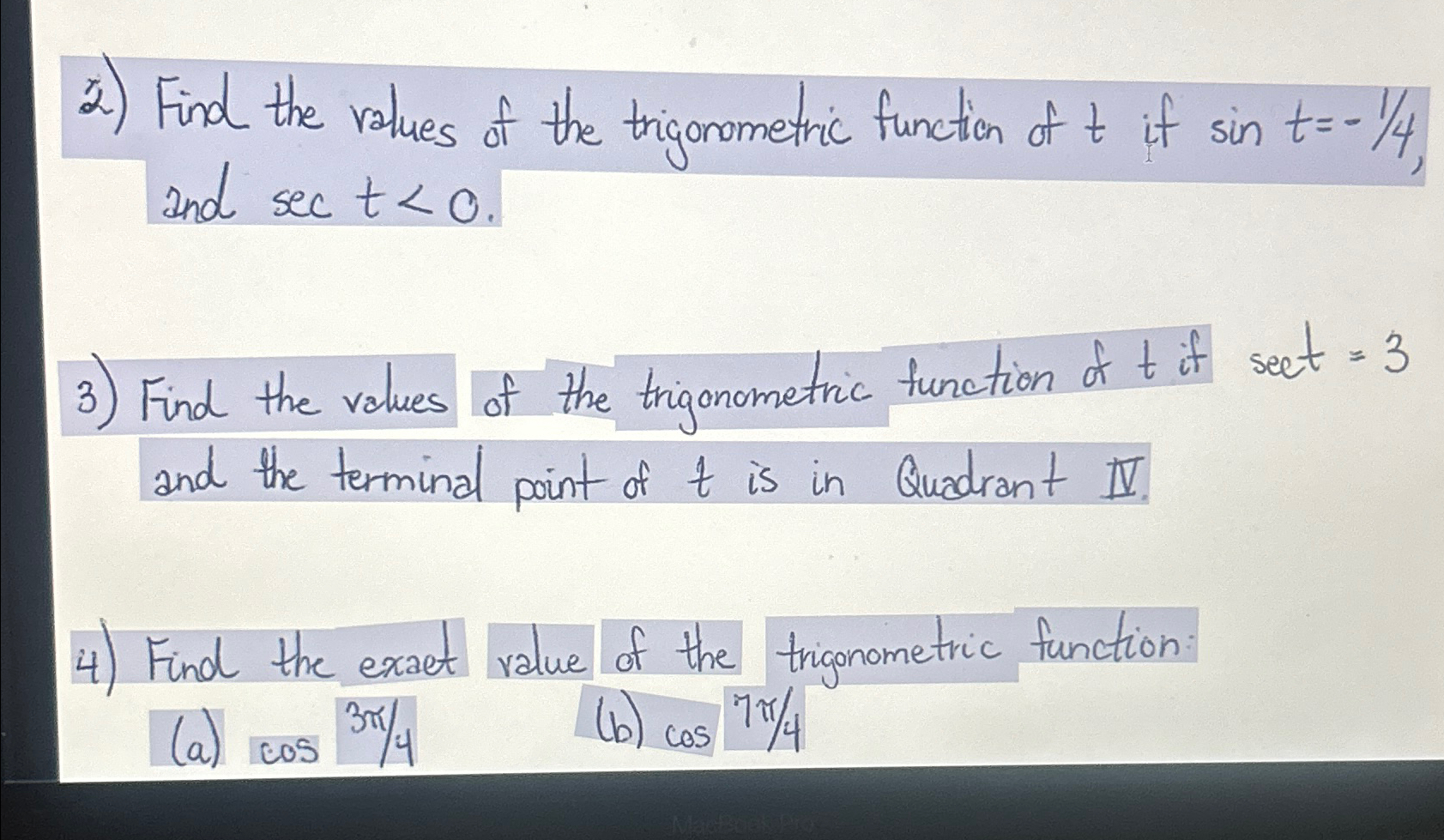 Solved Find the values of the trigonometric function of t | Chegg.com