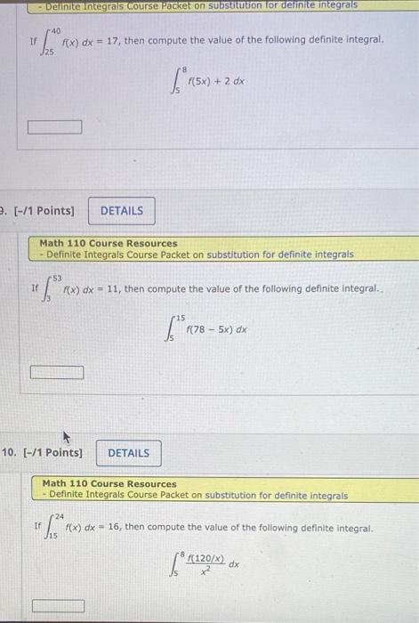 Solved Deiinite integrals Course Packet on subsutution for | Chegg.com