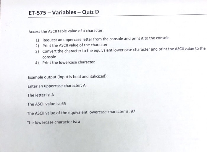 ET-575 - Variables - Quiz D Access the ASCII table | Chegg.com