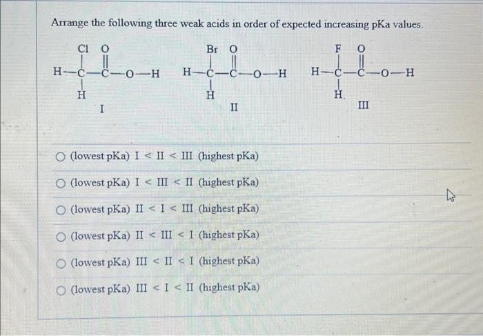 Solved Arrange the following three weak acids in order of | Chegg.com