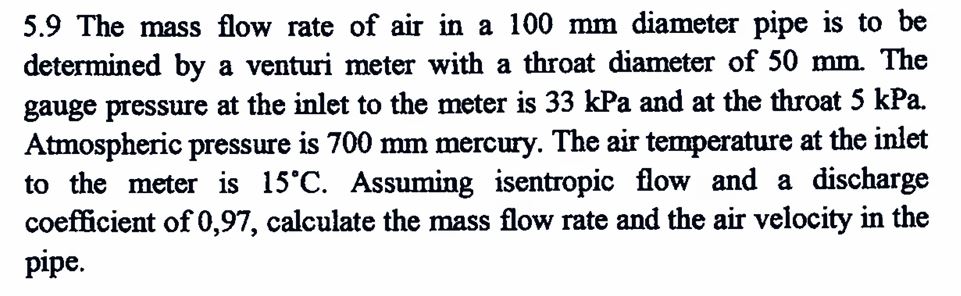 Solved 5.9 ﻿The mass flow rate of air in a 100mm ﻿diameter | Chegg.com