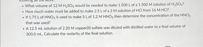 Solved What volume of 12 M H₂SO4 would be needed to make | Chegg.com