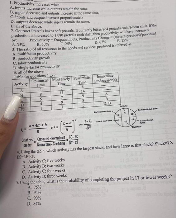 Solved 1. Productivity increases when A. inputs increase | Chegg.com