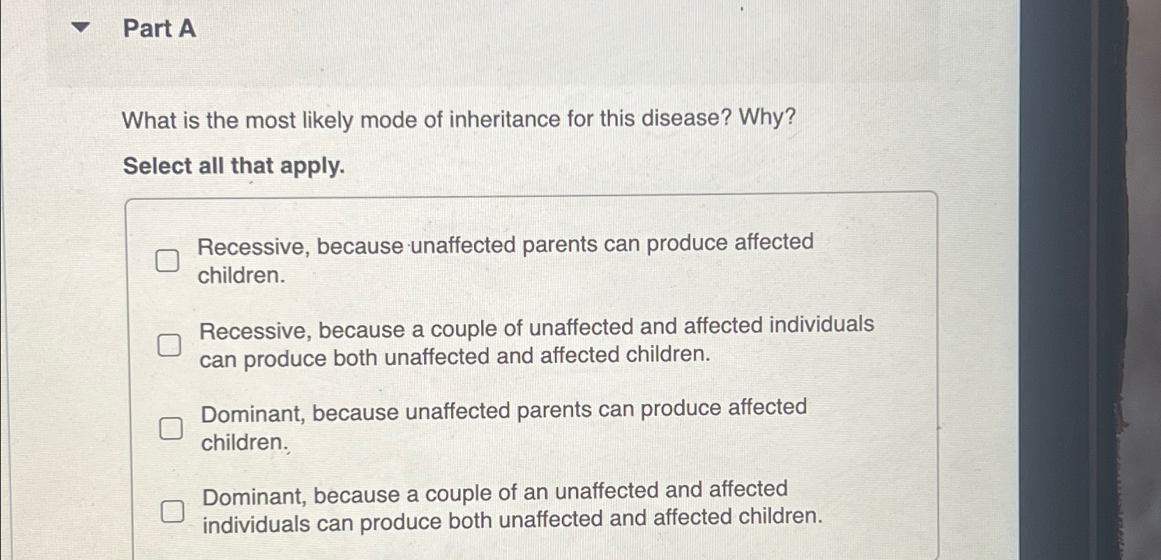 Solved Part AWhat is the most likely mode of inheritance for | Chegg.com