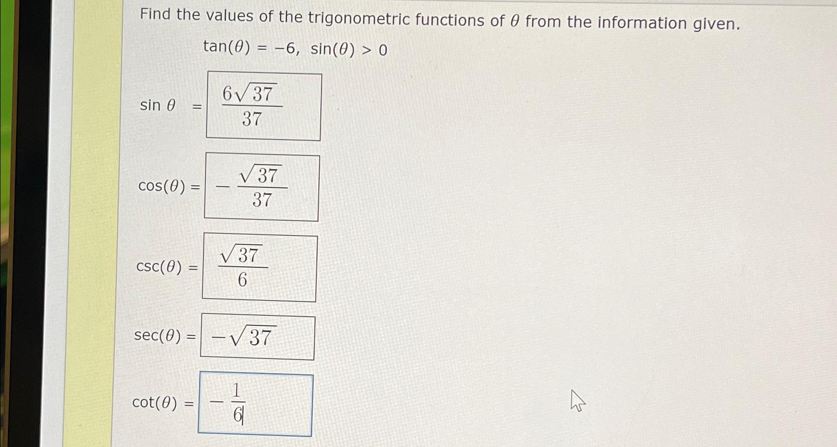Solved Find the values of the trigonometric functions of θ | Chegg.com