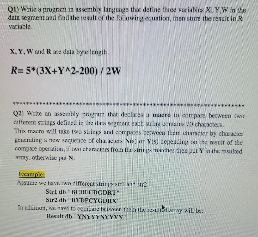 Solved Q1) Write a program in assembly language that define | Chegg.com
