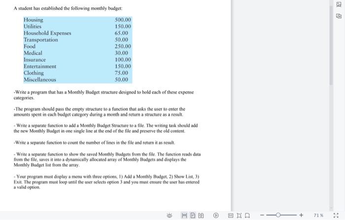 Solved A student has established the following monthly | Chegg.com