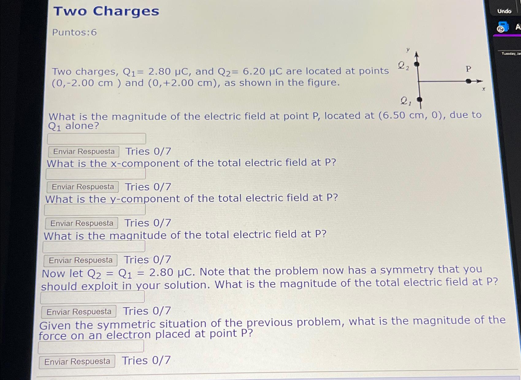 Solved Two Charges\\nPuntos: 6\\nTwo charges, | Chegg.com