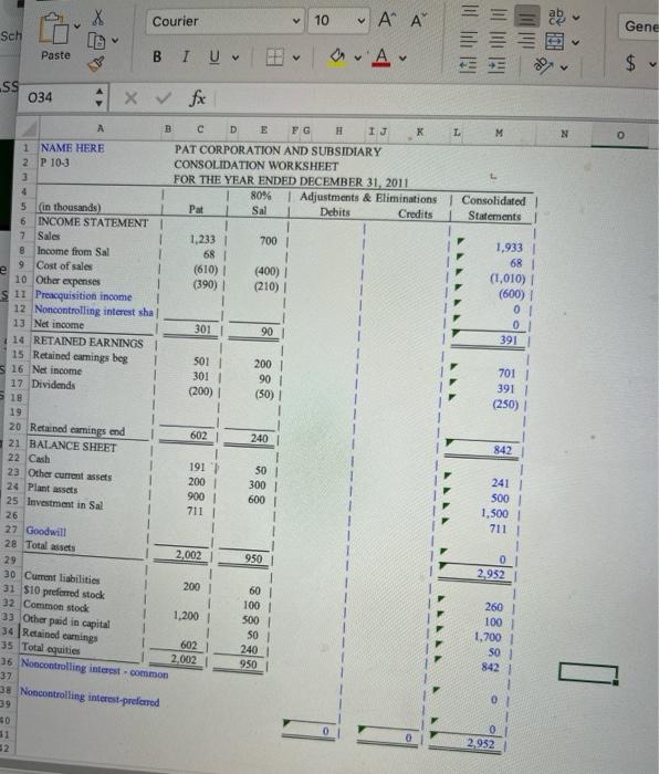 Solved Pat P 10-3 [Preferred stock] Consolidation workpaper | Chegg.com