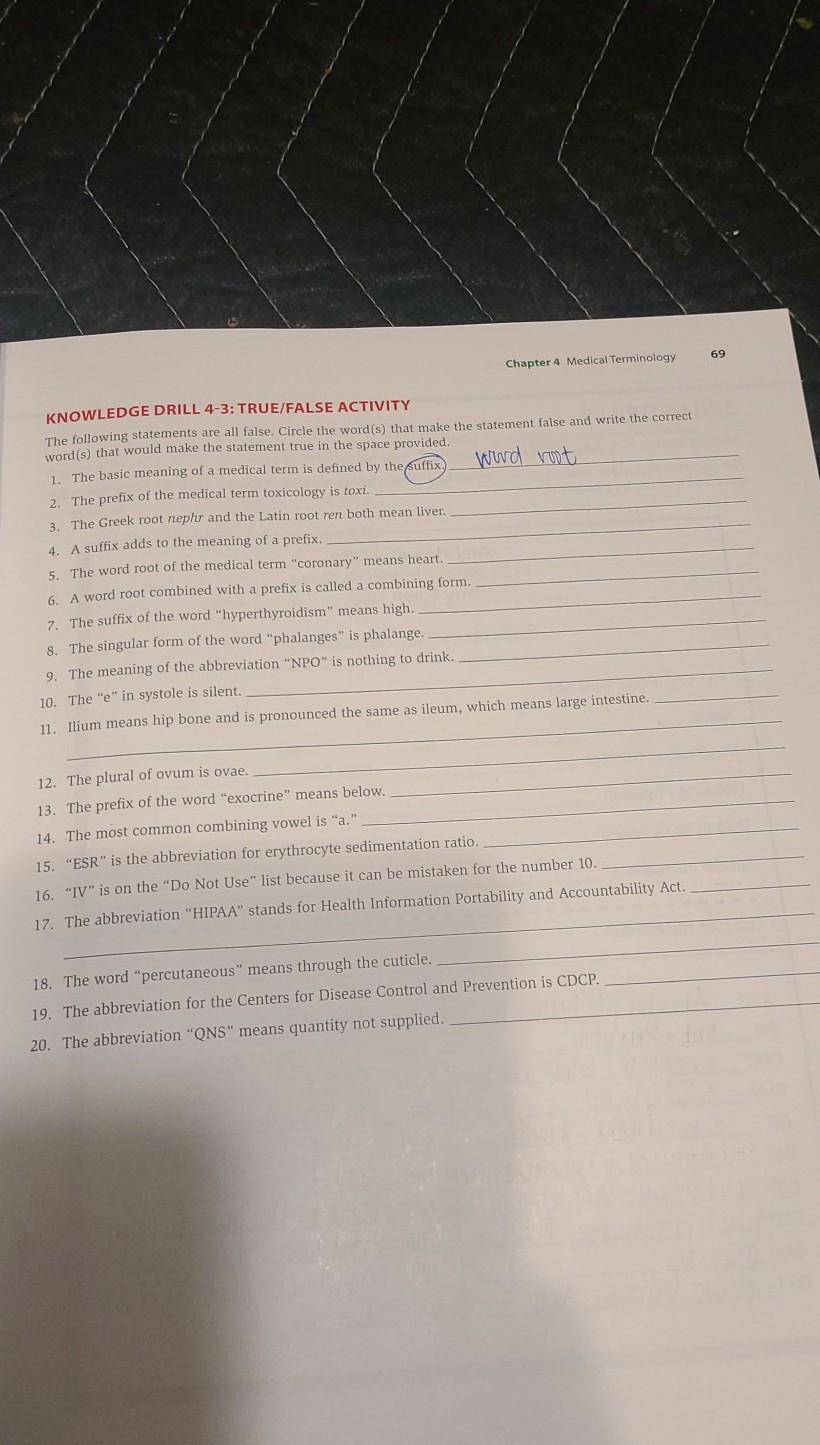 Solved 69 Chapter 4 Medical Terminology KNOWLEDGE DRILL 4-3: | Chegg.com