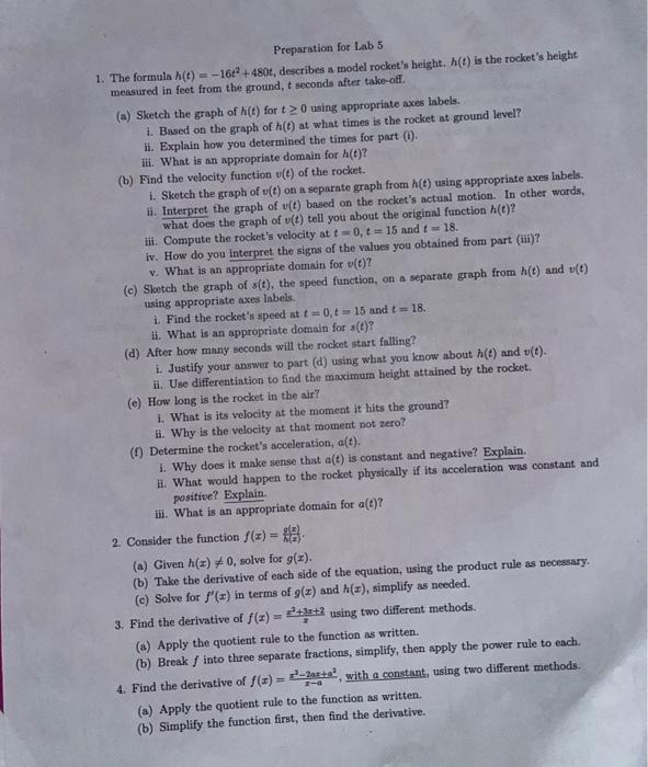 Solved Preparation for Lab 5 The formula h(t)=−16t2+480t, | Chegg.com
